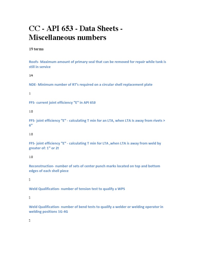 API 653 - CC - API 653 - Data Sheets - Miscellaneous Numbers - 19 Terms ...