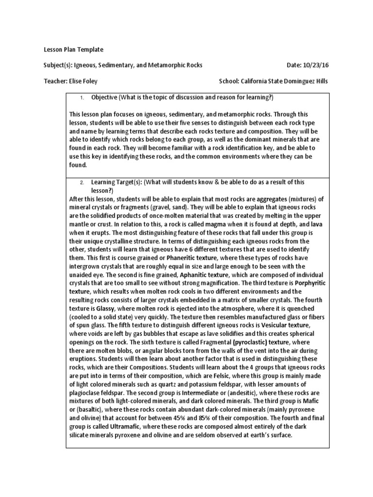 Lesson Plan-Igneous Sedimentary Metamorphic Rocks | PDF | Clastic Rock ...