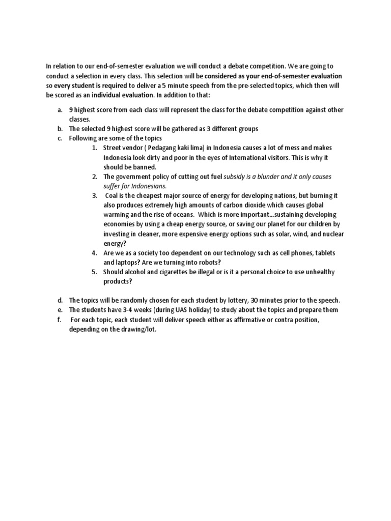 Selection Process and Debate Competition Guidelines for End-of-Semester ...