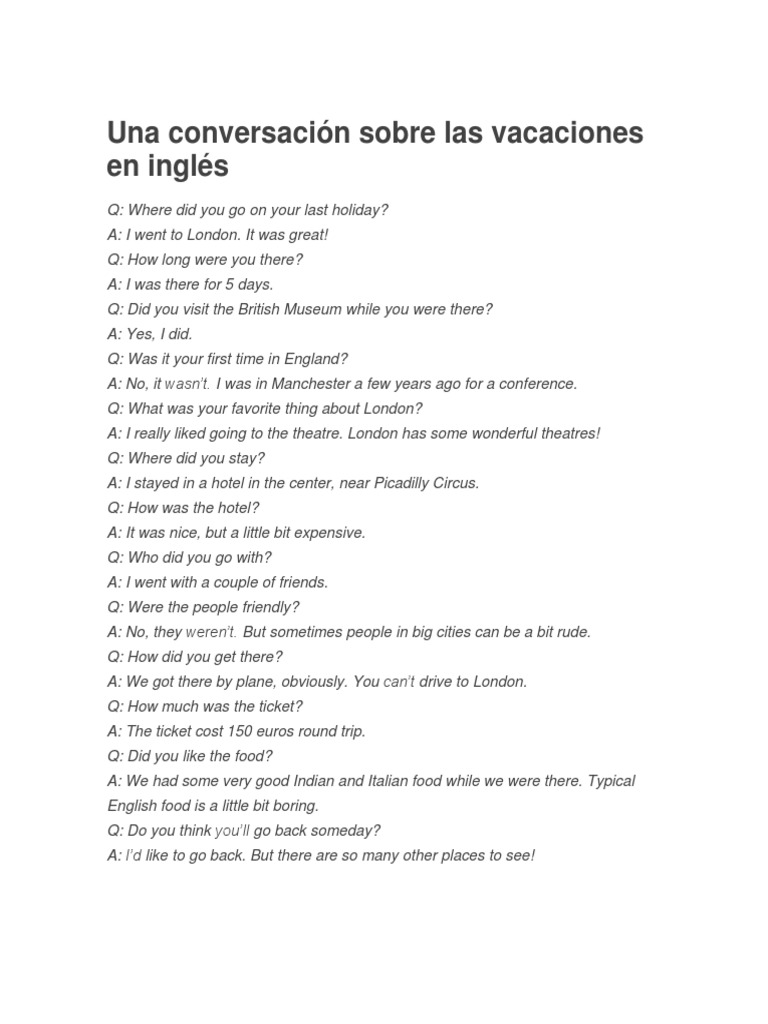 Una Conversación Sobre Las Vacaciones en Inglés | PDF