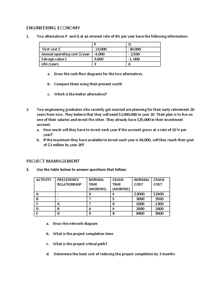 Engineering Economy: 3. Use The Table Below To Answer Questions That ...