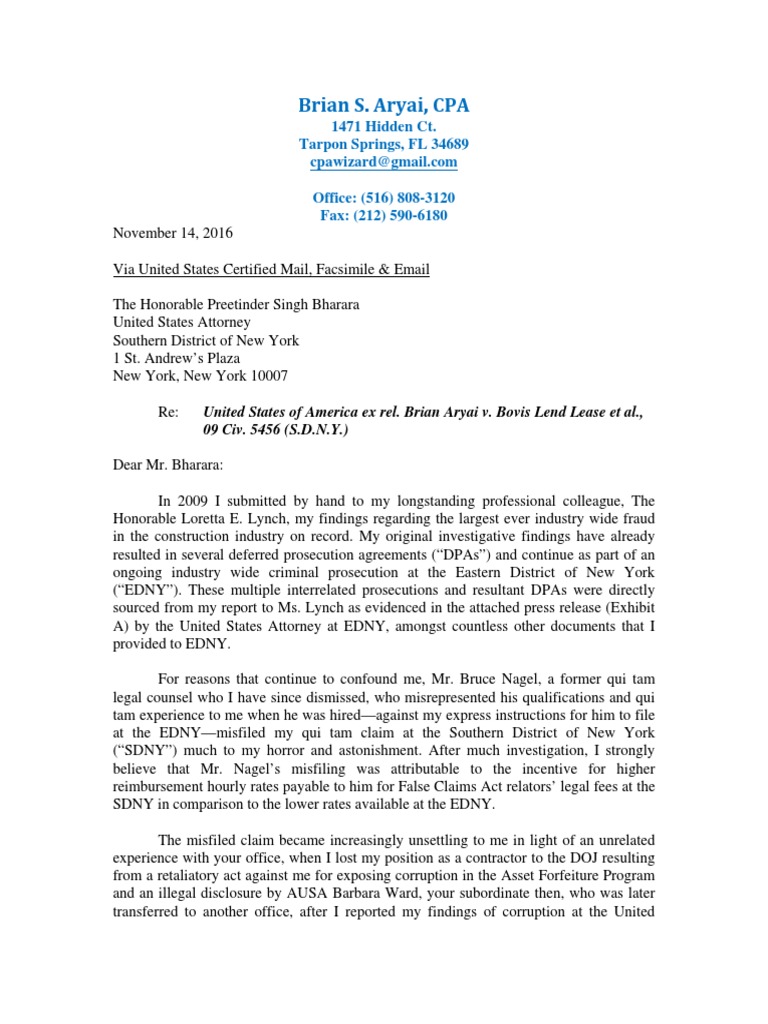 16 1114 Letter To Usao Sdny | PDF | False Claims Act | Corruption