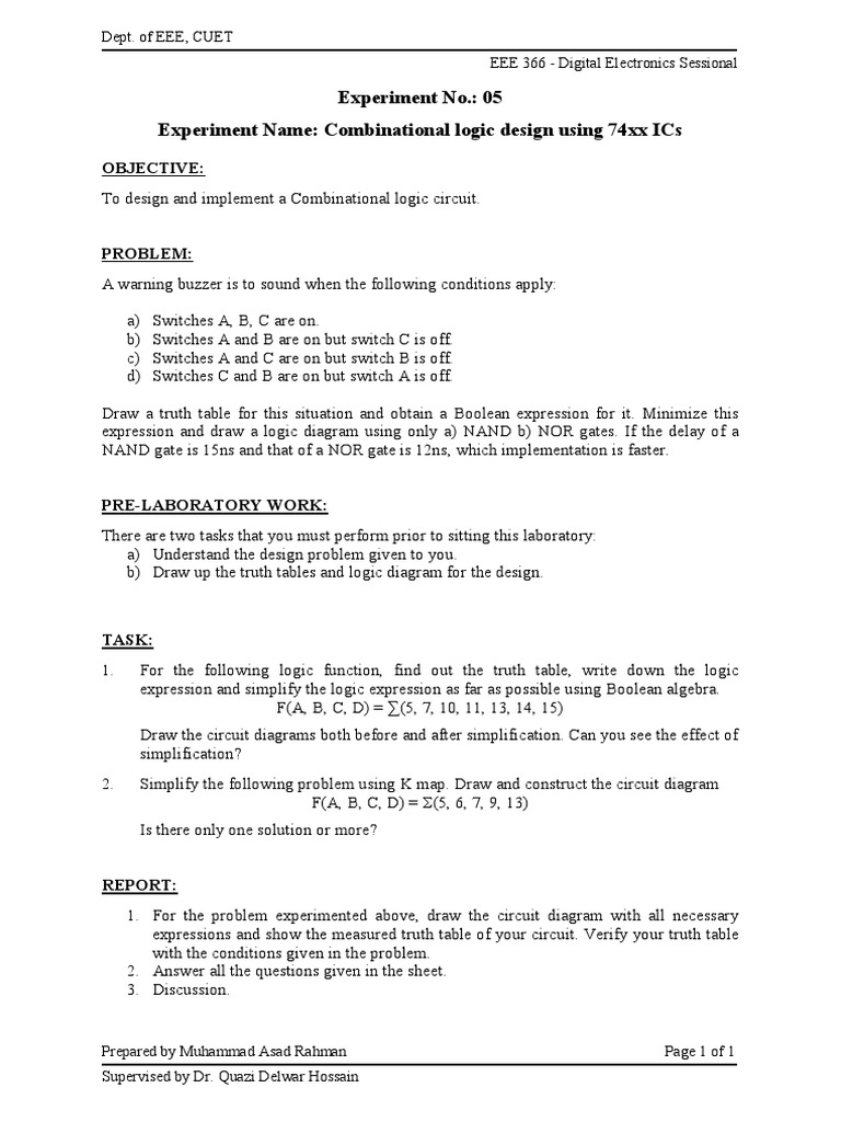 Experiment No.: 05 Experiment Name: Combinational Logic Design Using 74Xx Ics | PDF