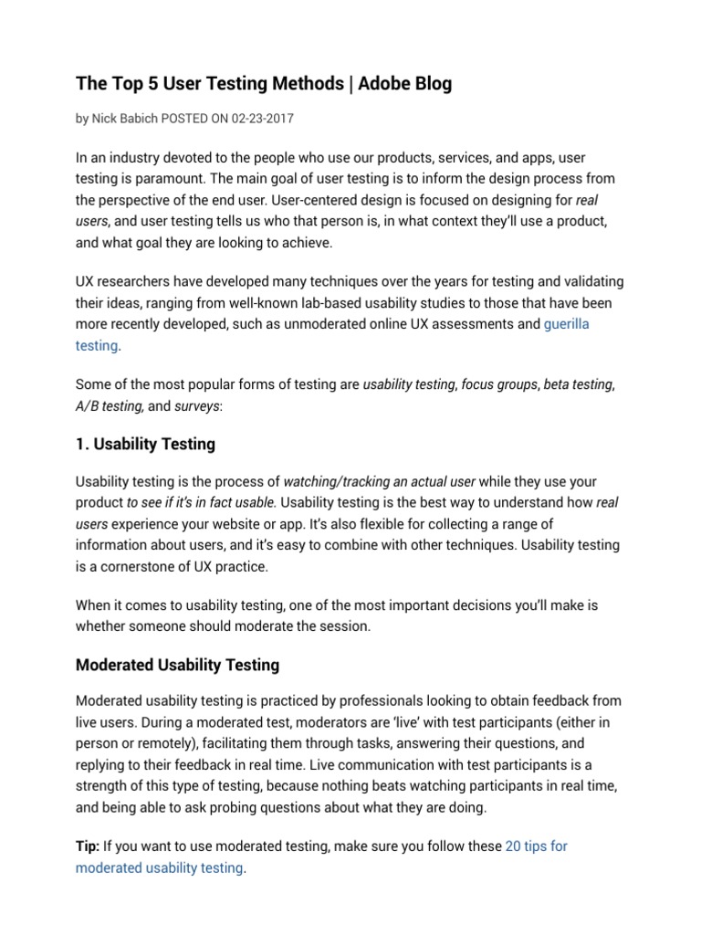 The Top 5 User Testing Methods Adobe Blog Pdf Usability Survey