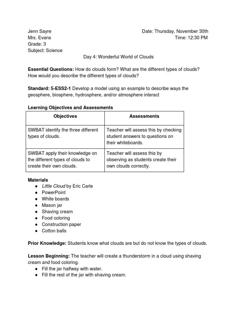 Clouds Lesson Plan | PDF | Educational Assessment | Cloud
