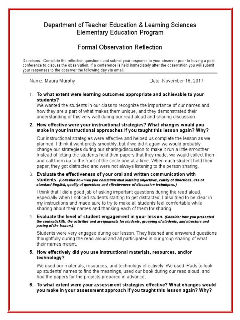 post observation reflection | Classroom Management | Educational ...