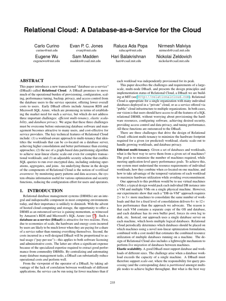 Relational Cloud: A Database-as-a-Service For The Cloud | PDF ...