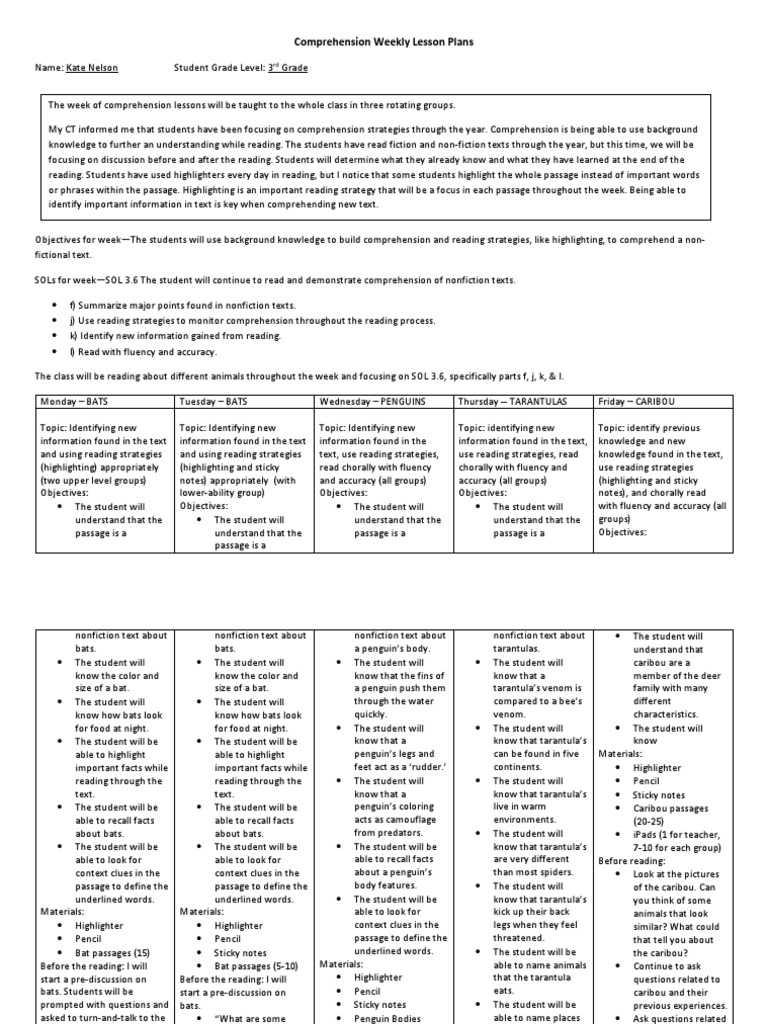 Comprehension Week Lesson Plan | PDF | Reading Comprehension | Reading ...