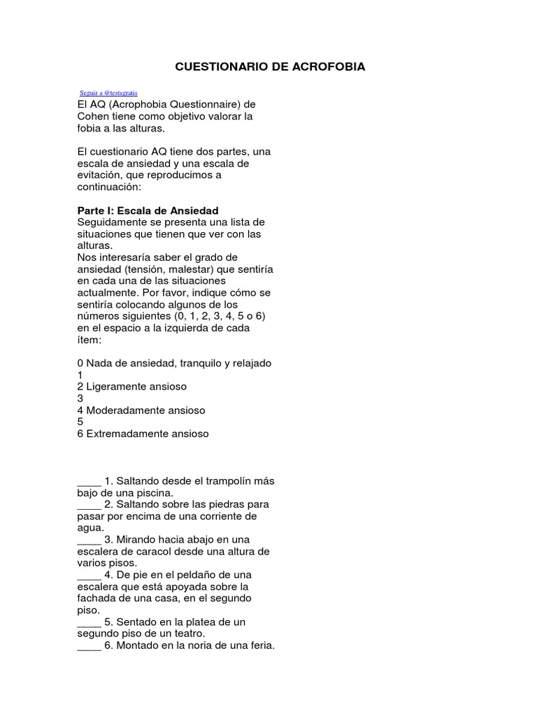 Cuestionario de Acrofobia AQ | PDF | Ocio