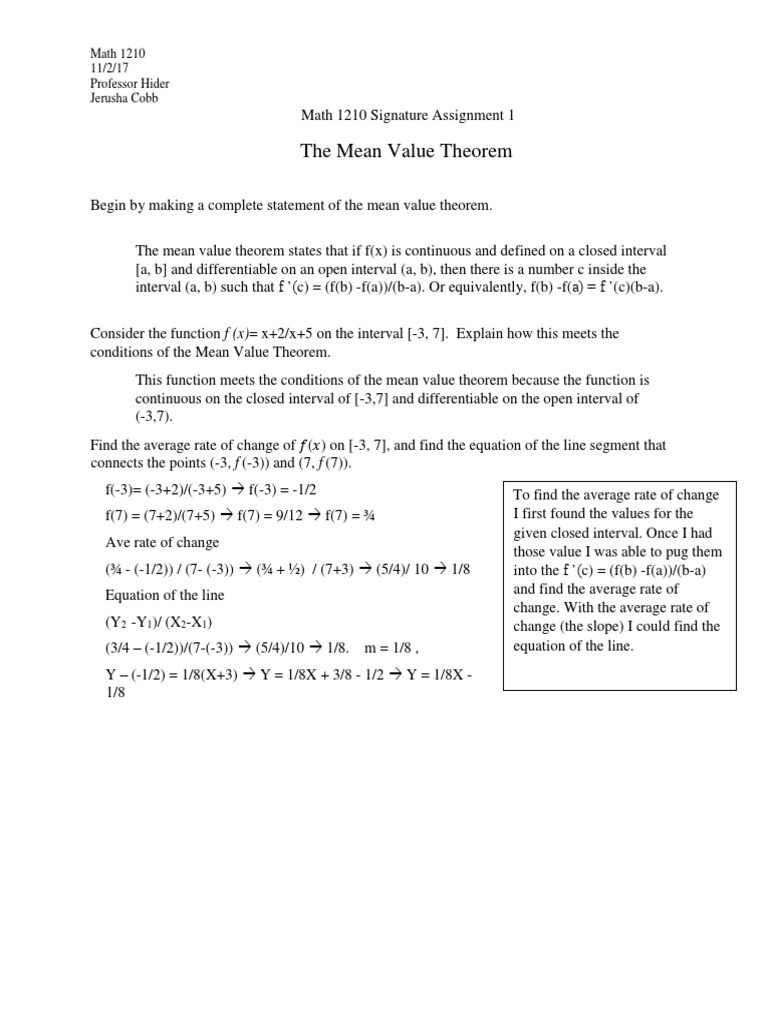 Mean Value Theorem Project 1 Math | PDF | Speed | Derivative