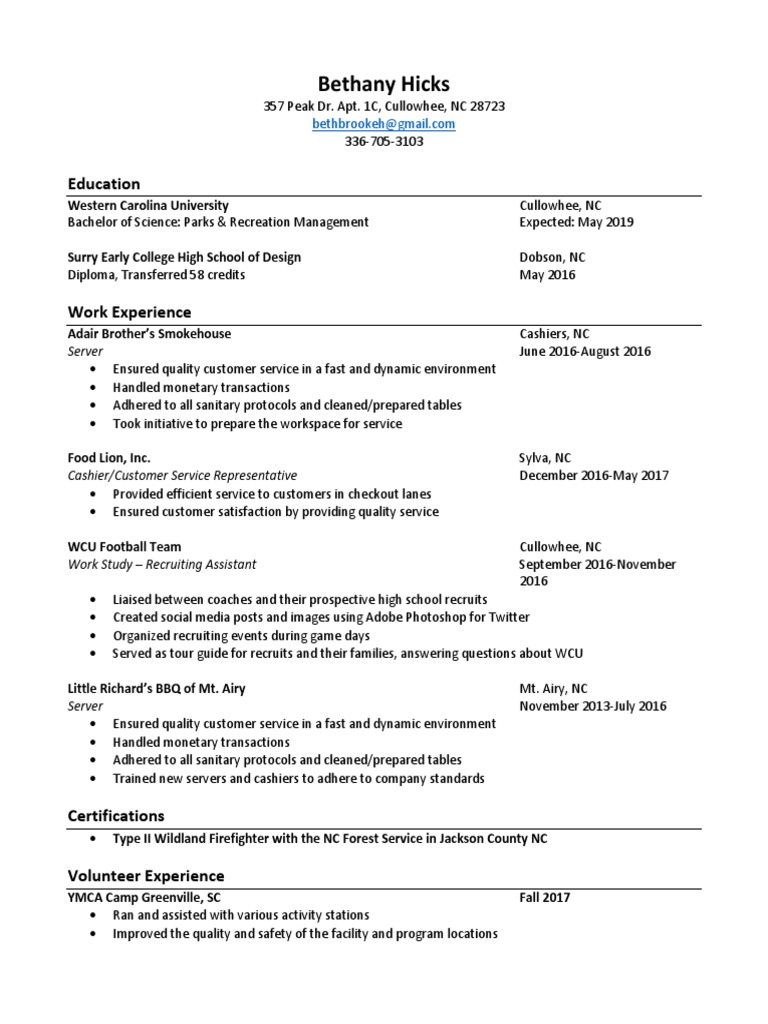 Bethany Hicks Resume | PDF | Outdoor Recreation | Leadership