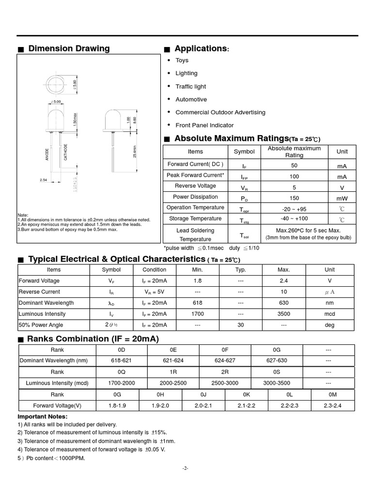 Diodos Led DATASHEET | PDF | Electric Current | Celsius