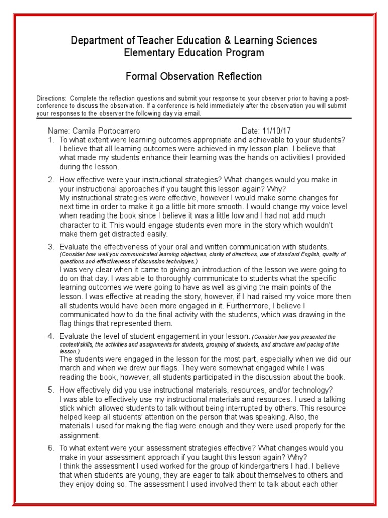 Formal Observation Reflection | PDF | Lesson Plan | Educational Assessment