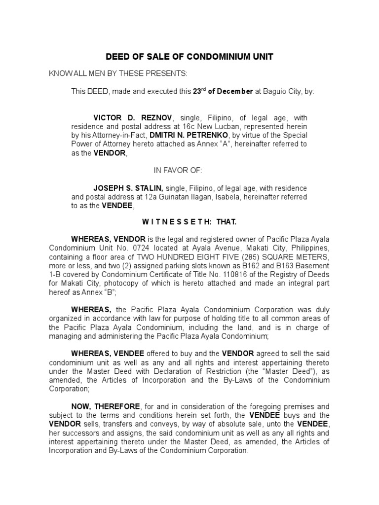 Deed of Sale of Condominium Unit | PDF | Value Added Tax | Condominium