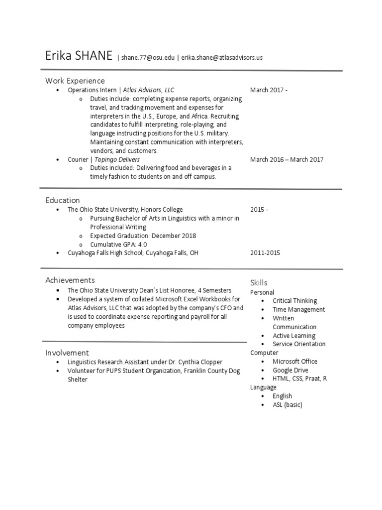 Erika Shane: Resume | PDF