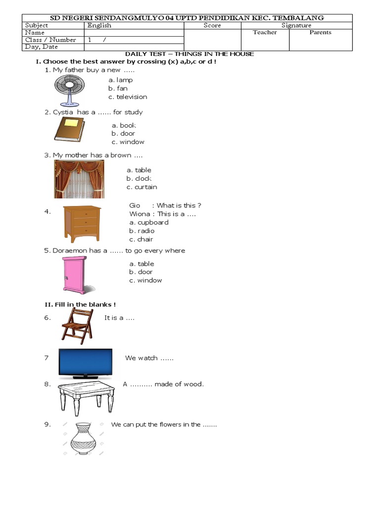 Daily Test - Things in The House | PDF