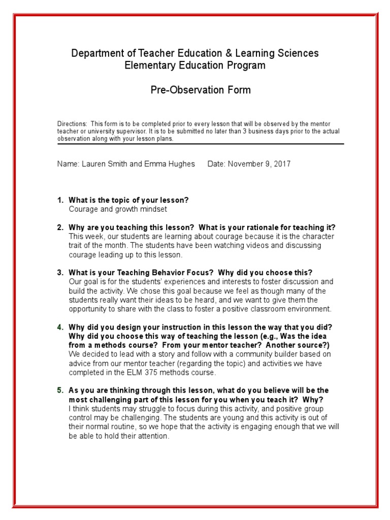 Department of Teacher Education & Learning Sciences Elementary ...