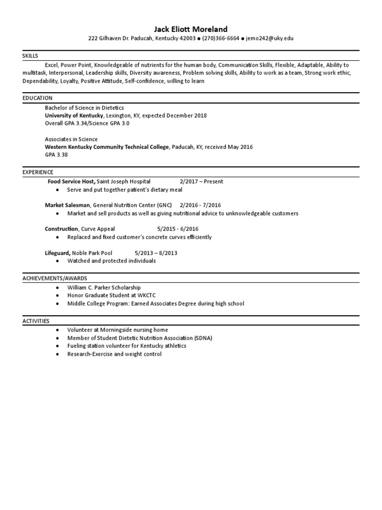 Jack Moreland-Resume | PDF | Dietitian | Learning