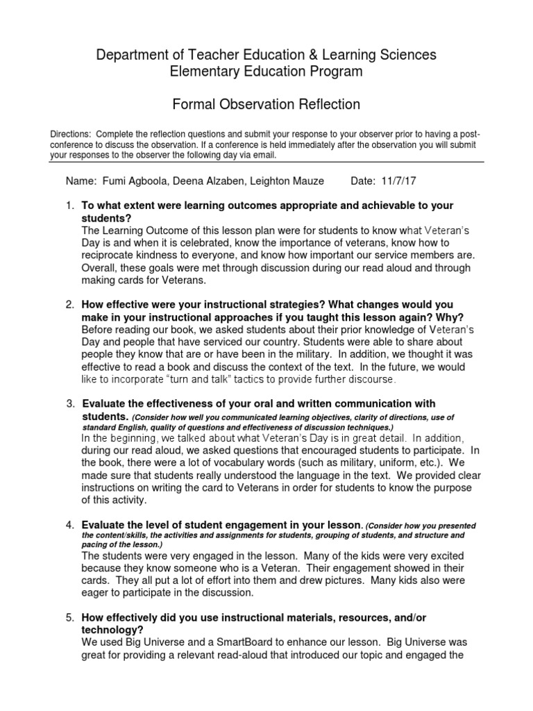 Post Observation Reflection | PDF | Classroom Management | Lesson Plan