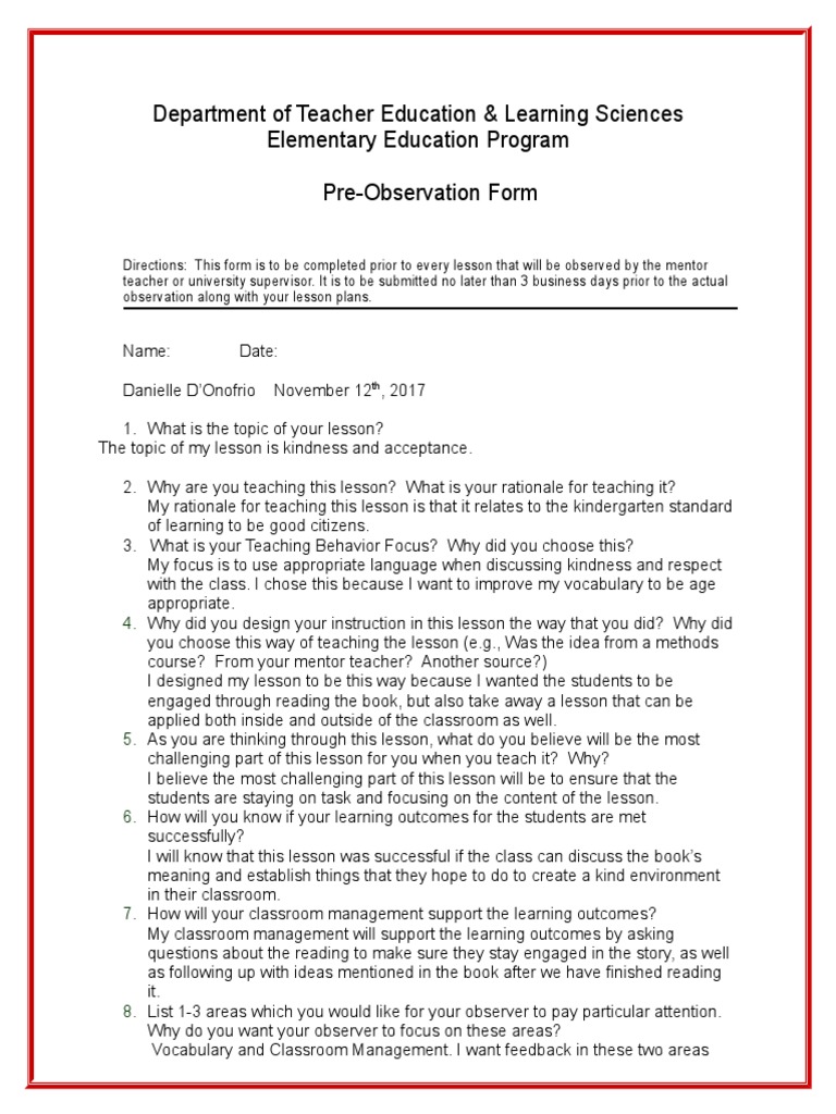 Department of Teacher Education & Learning Sciences Elementary ...