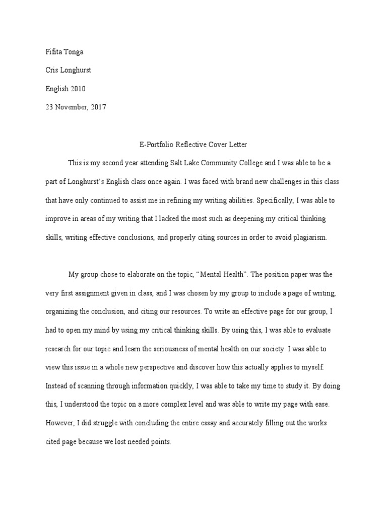 E-Portfolio Reflective Cover Letter | PDF | Career & Growth | Language ...
