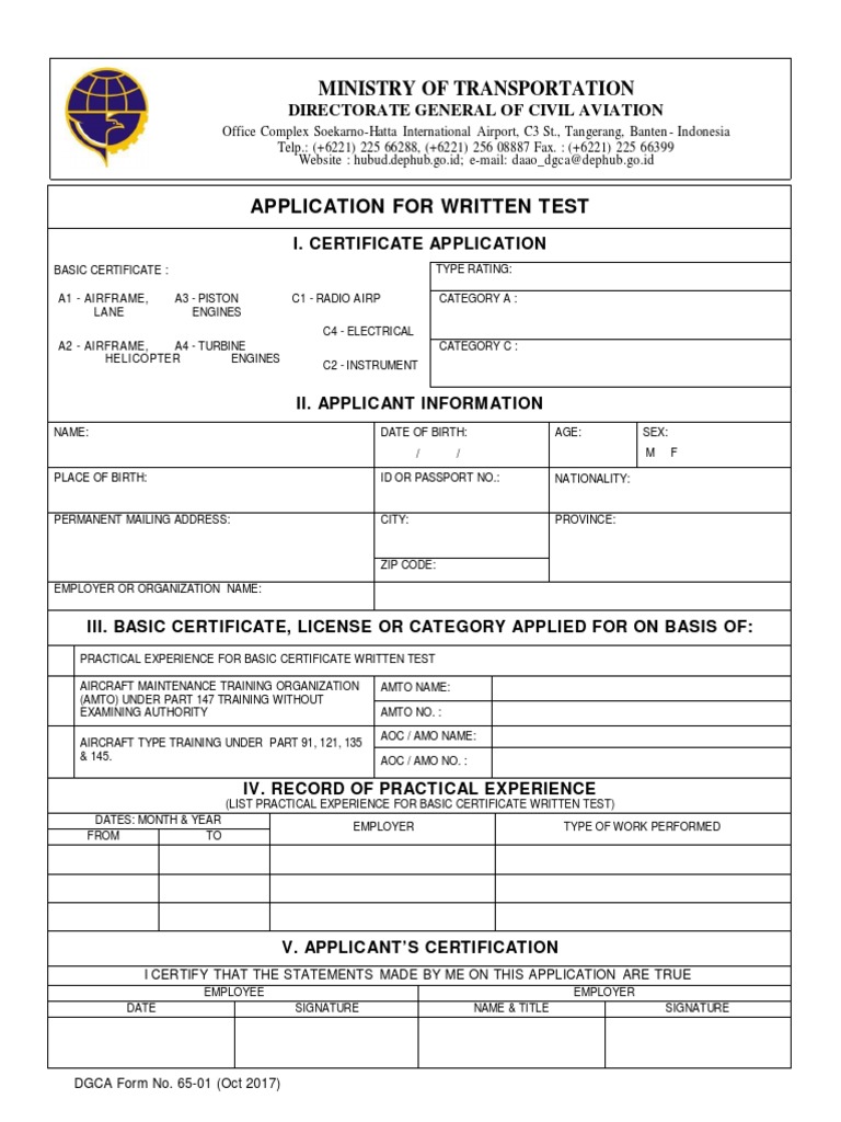 DGCA Form 65-01 Application for Written Test | Business