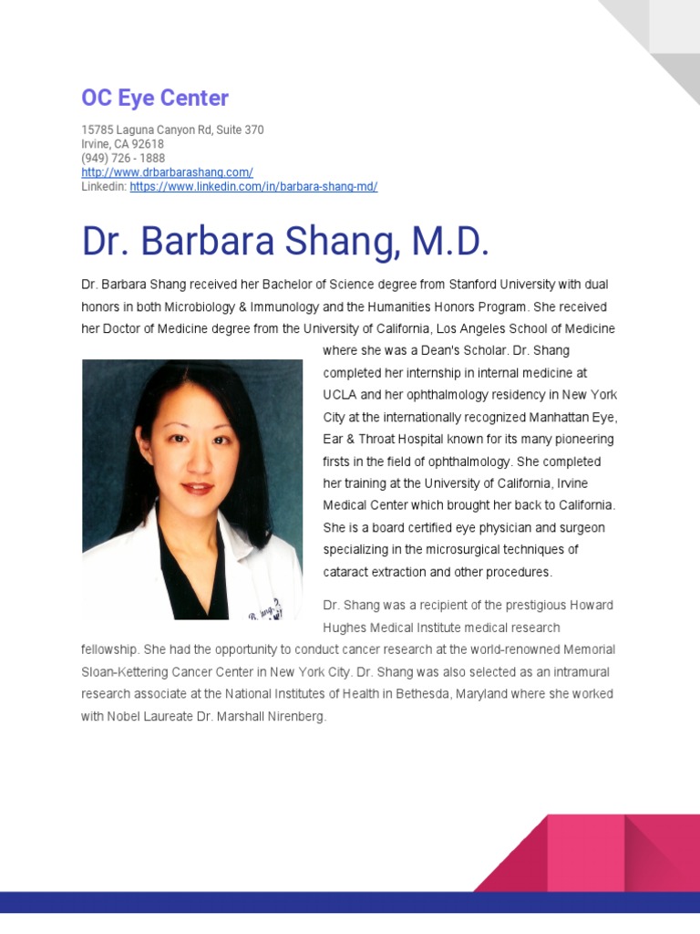 About Barbara Shang MD | PDF | Ophthalmology | Physician