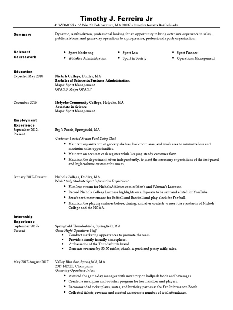 Resume-Timothy J Ferreira JR 4 0 | PDF | Sports | Business