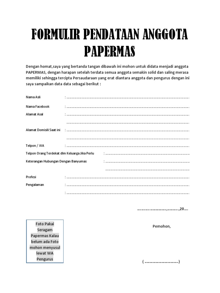 Contoh Formulir Pendataan Anggota Papermas | PDF