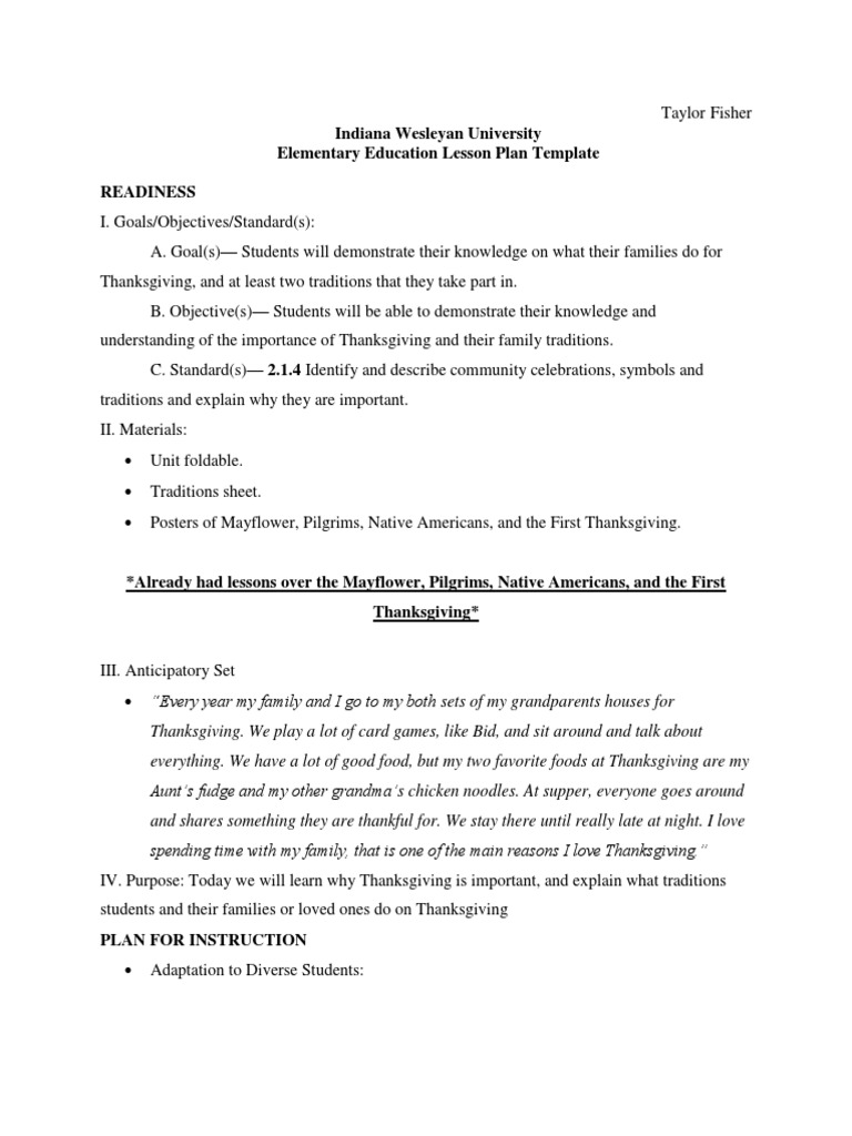 Indiana Wesleyan University Elementary Education Lesson Plan Template ...