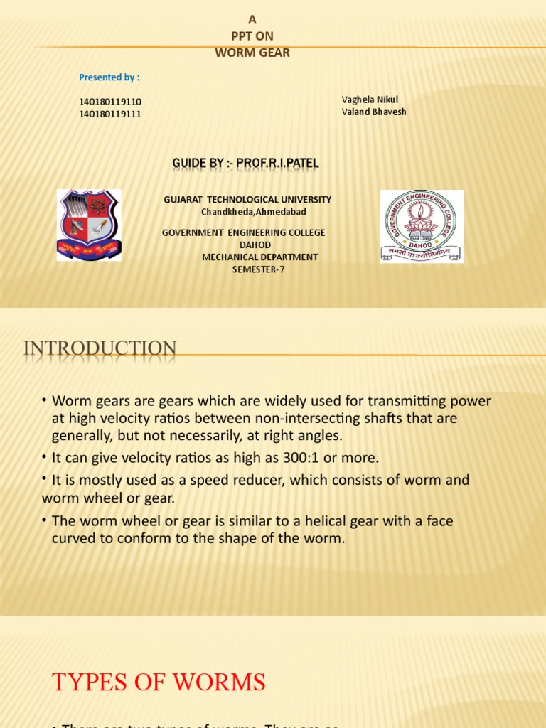 A PPT On Worm Gear: Presented by | PDF | Gear | Transmission (Mechanics)