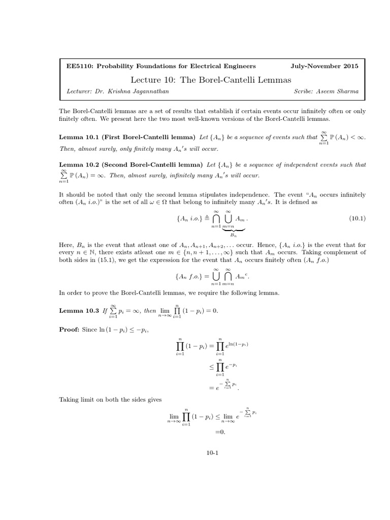 Lecture10 Bclemma | PDF | Infinity | Probability Theory