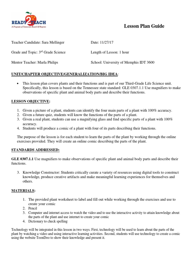 Lesson Plan Guide: Unit/Chapter Objective/Generalization/Big Idea | PDF ...