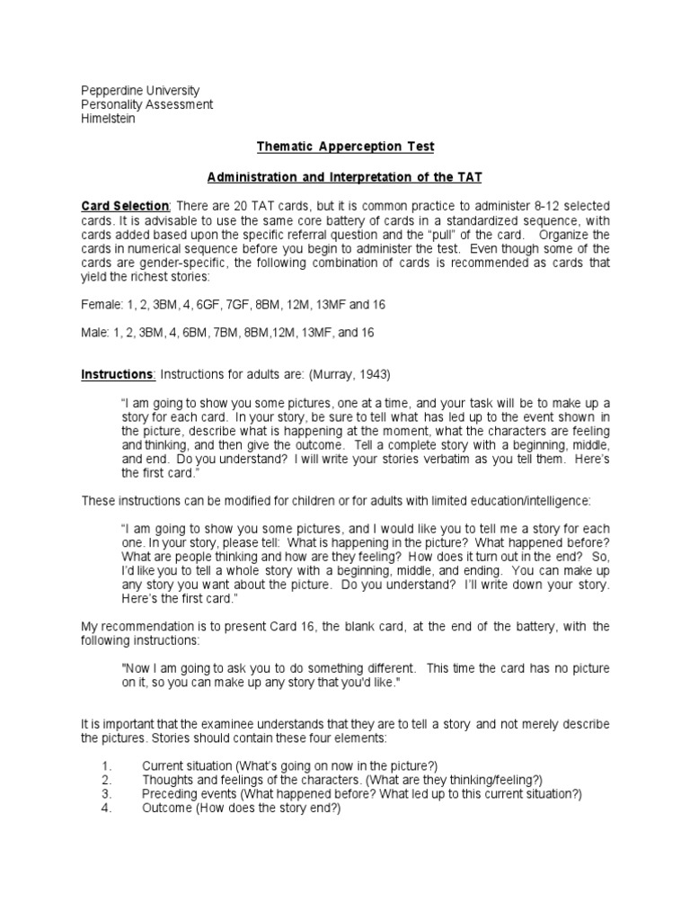 Thematic Apperception Test. Administration and Interpretation of the ...