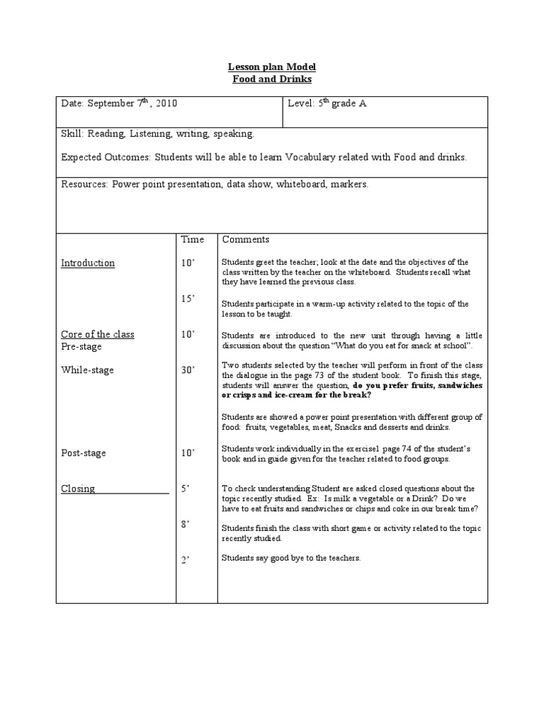 5th Grade Food and Drinks Lesson Plan | PDF