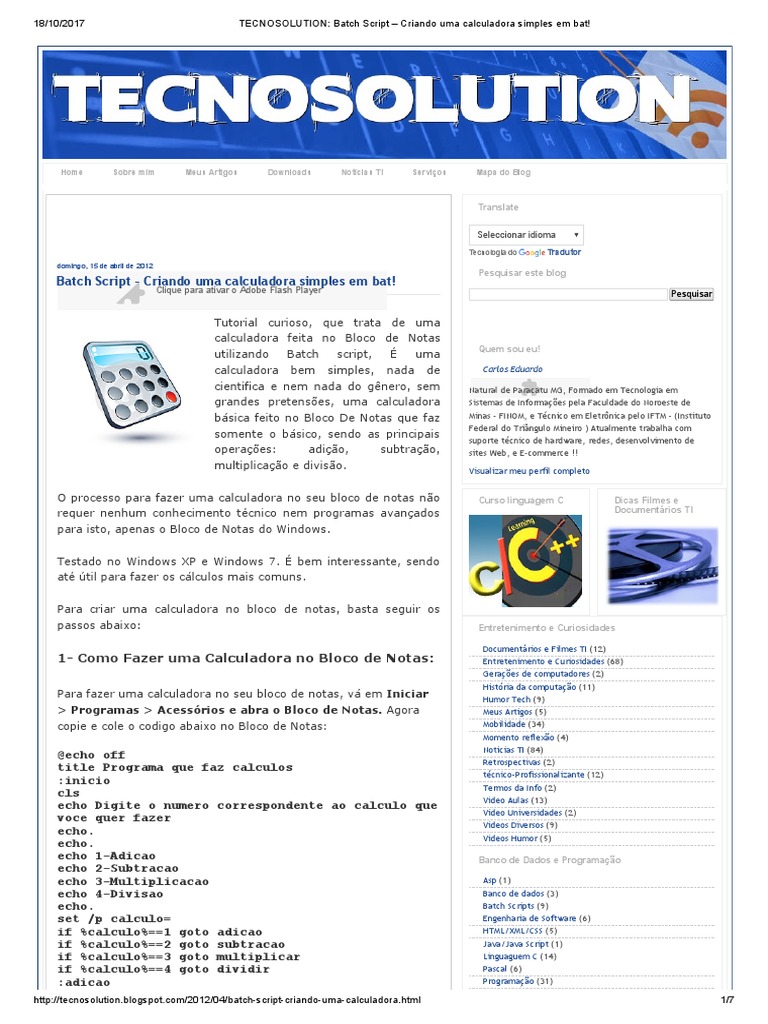 TECNOSOLUTION - Batch Script - Criando Uma Calculadora Simples em Bat! | PDF | Linguagem de ...