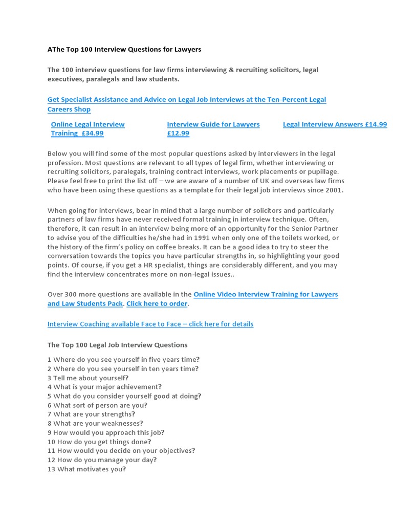 The Top 100 Interview Questions For Lawyers | PDF | Law Firm | Lawyer