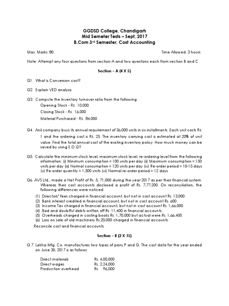 3rd Sem Cost Accounting | PDF | Inventory | Business Economics