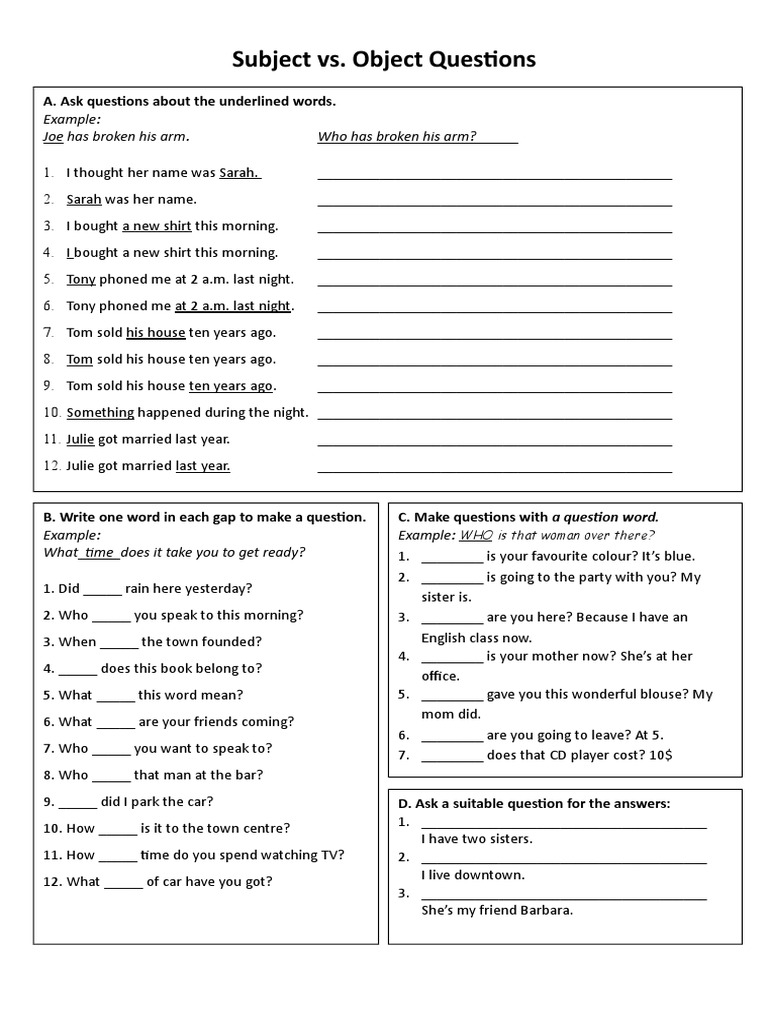 Subject Object Questions Exercises Pdf