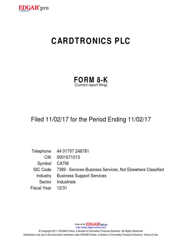 Cardtronics PLC: Form 8-K | PDF | Book Value | Revenue