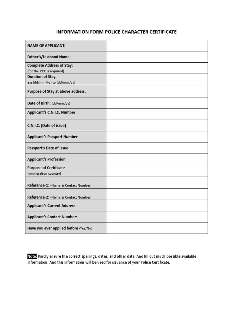Information Form Police Character Certificate For The PCC Is Required