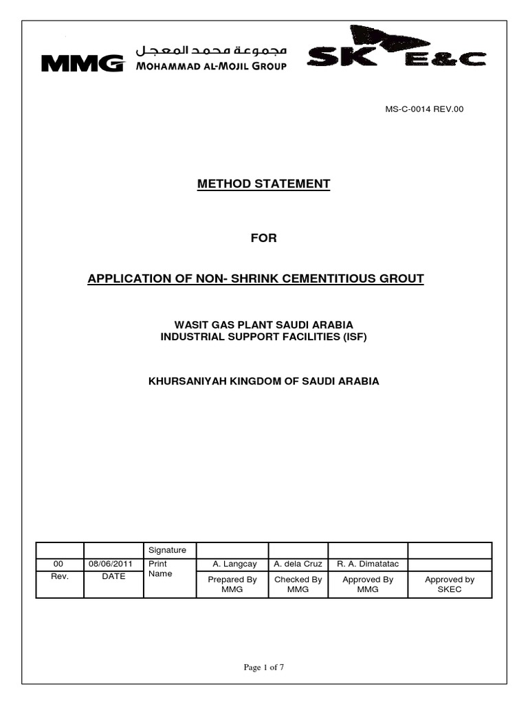 14.0 Method Statement For Application of Cementitious Grout | PDF | Concrete | Water