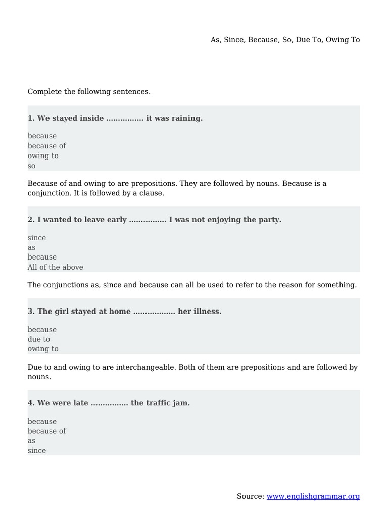 Conjunctions: As, Since, Because Exercises | PDF | Semantics | Semantic ...