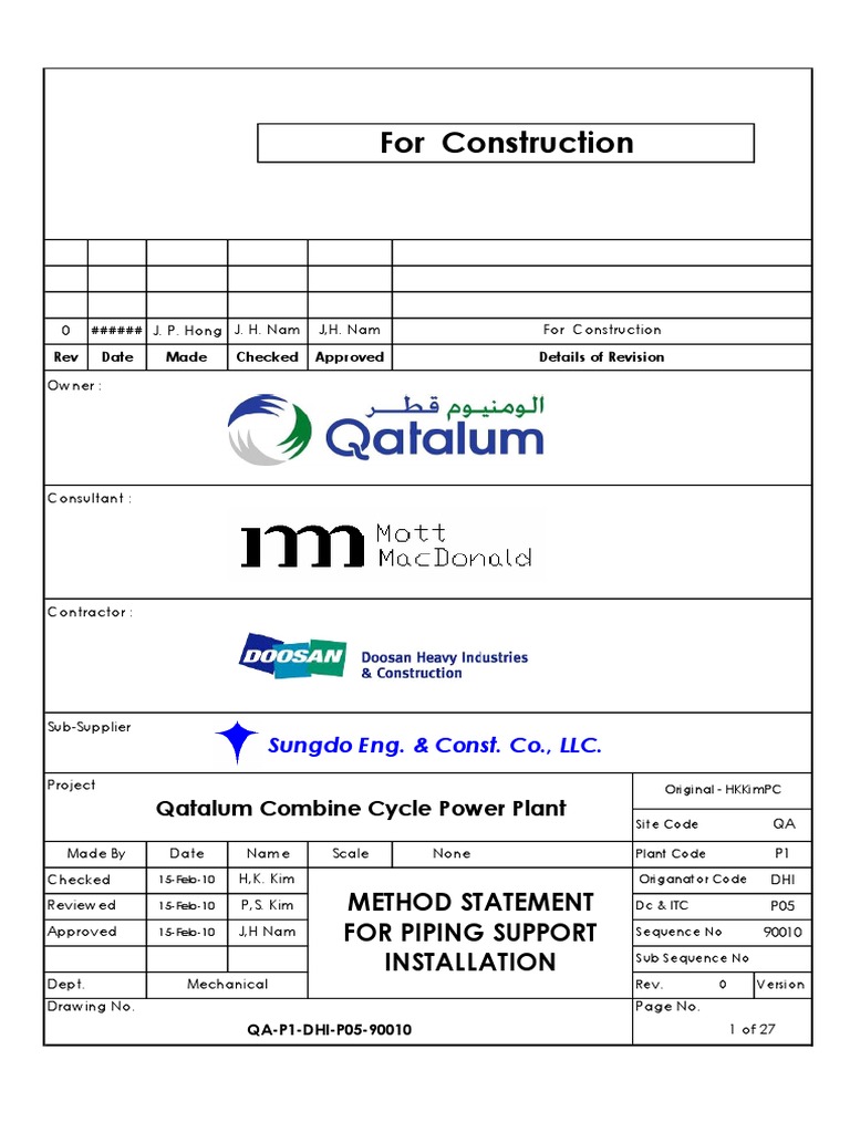 Piping Support Installation Method Statement | PDF | Welding | Construction