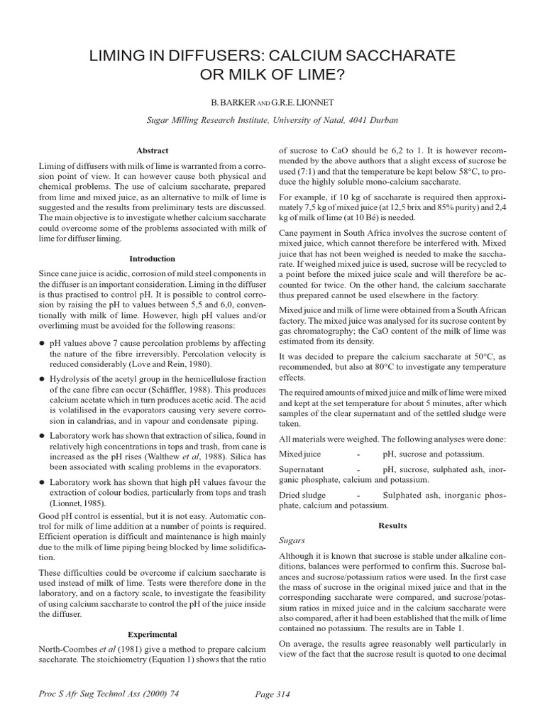 Calcium Saccharate vs. Milk of Lime | PDF | Sucrose | Fructose