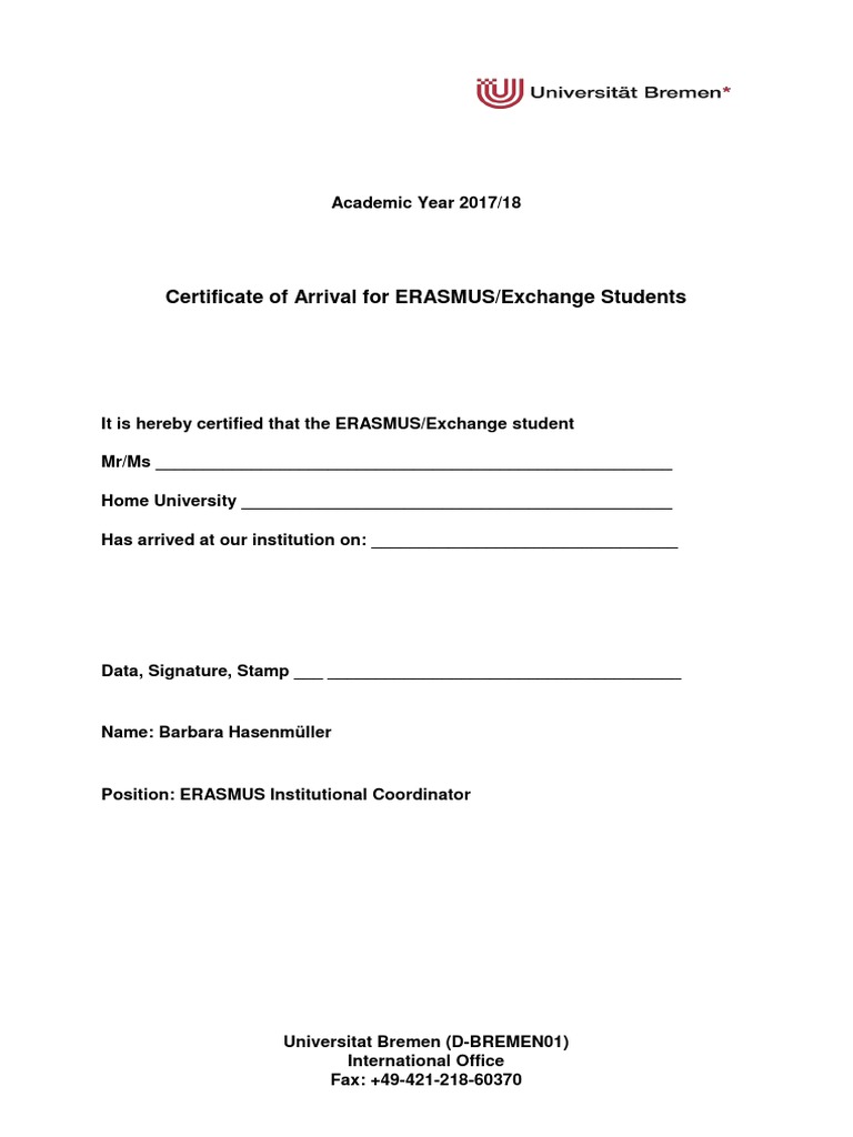 Arrival Document For ERASMUS | PDF