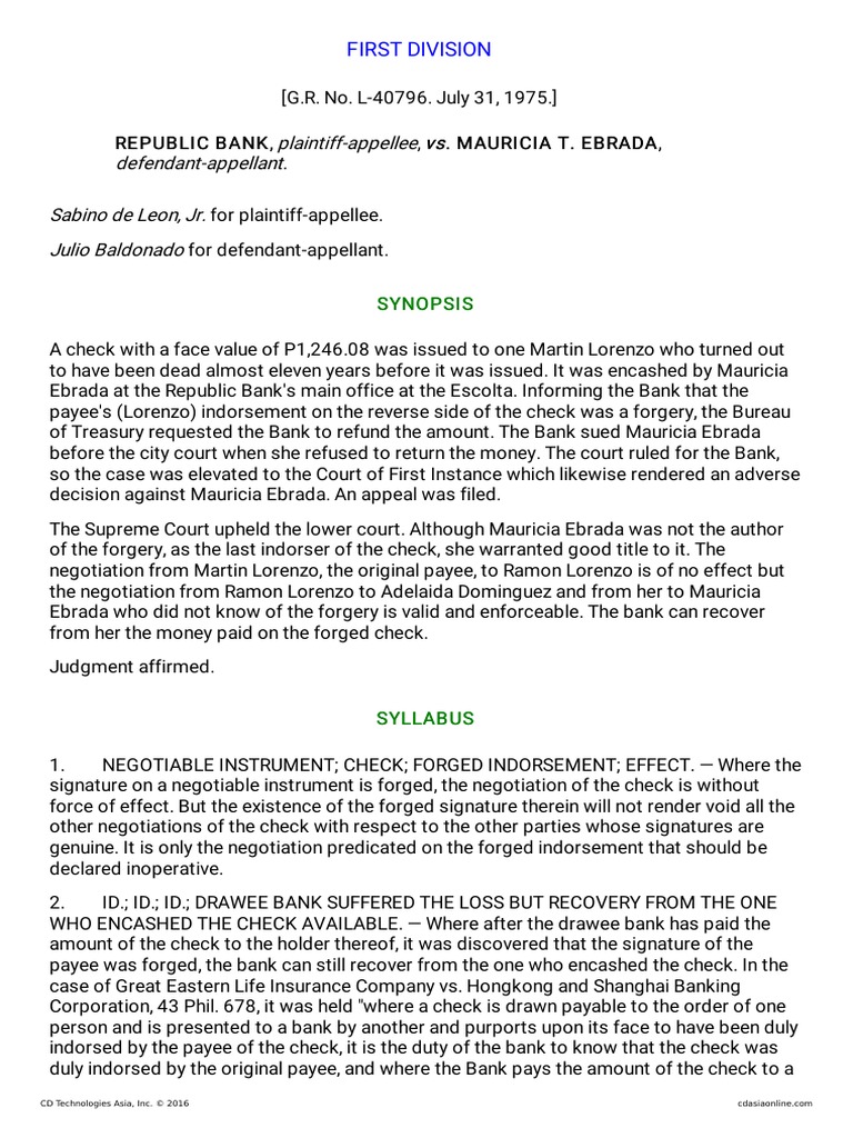 1975-Republic Bank v. Ebrada | PDF | Cheque | Negligence
