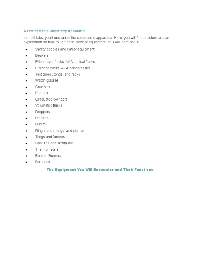 A List of Basic Chemistry Apparatus | PDF | Laboratories | Laboratory ...