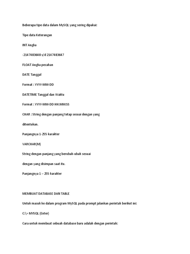 Beberapa Tipe Data Dalam MySQL Yang Sering Dipakai | PDF