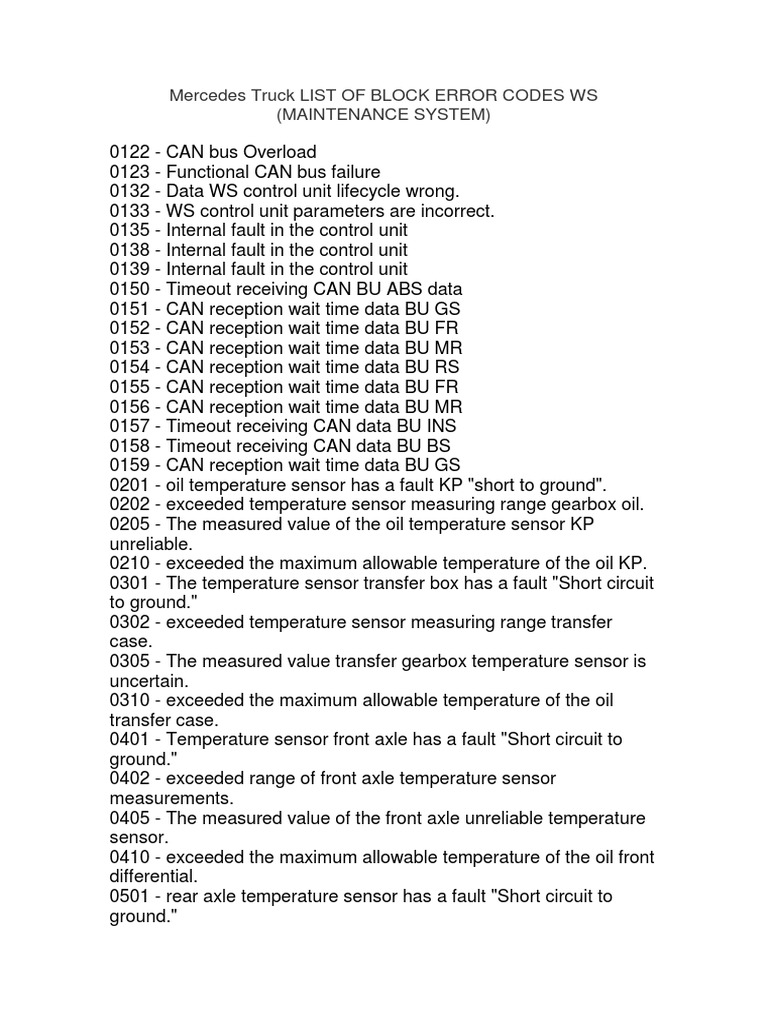 Mercedes Truck List of Block Error Codes Ws | PDF | Sensor | Motor Oil